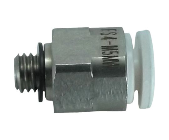 ●適合チューブ外径D（mm）：4●接続口径：M5×0.8●六角対辺（mm）：10●使用圧力：1MPa（空気）、0.3MPa（水）●使用流体：空気、水●流体温度（℃）：-5〜60℃（空気）、5〜40℃（水）●材質／仕上：本体／ステンレス（SU...