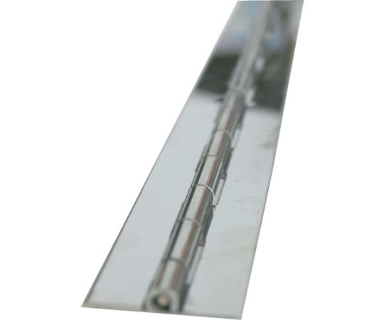 ●制御盤、配分電盤。●工作機械・車両等の蝶番。●全長（mm）：1800●幅（mm）：32●厚さ（mm）：0.8●D2（mm）：2.5●表面処理：鏡面バフ研磨仕上げ●B（mm）：12.5●取付方法：溶接タイプ●材質／仕上：ステンレス（SUS3...