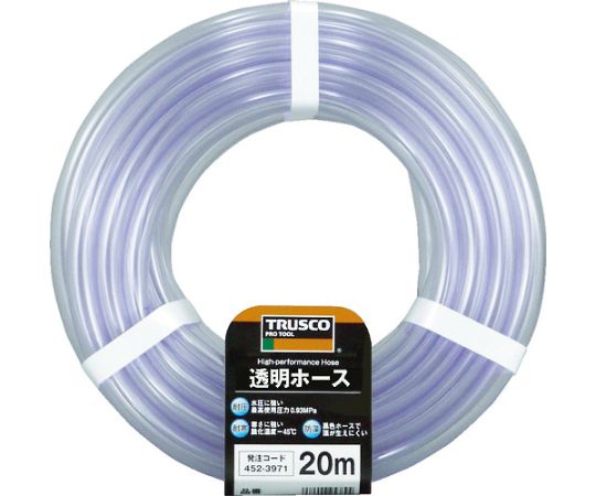 ●流体をしっかり確認できるクリアタイプです。●送排水用。●長さ（m）：20●内径（mm）：6●外径（mm）：8●使用圧力（MPa）：0.63●許容曲げ半径（mm以上）：34●使用温度範囲（℃）：0〜60●食品衛生法適合品●色：クリア●材質／...