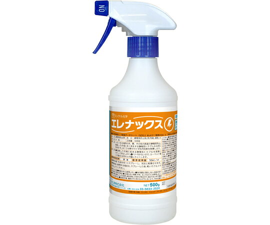 商品名:ミッケル化学 エレナックス 500g×6本 1箱(6本入) ●静電気をカットする防汚剤 500mLタイプ●ケースサイズ：305×215×238●成分：高分子系汚染防止剤、特殊静電気防止剤、イソプロピルアルコール、防腐剤、水