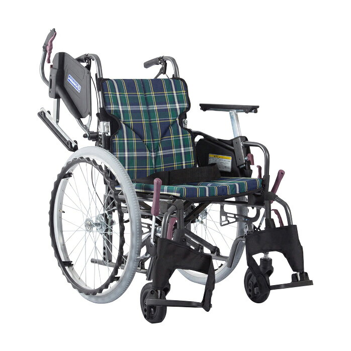 車いす　モダン　Cスタイル モダンシリーズCスタイル 緑チェックA9カワムラサイクルKMD-C22-40-M/SR●左右どちらかの駐車用ブレーキもしくは足踏みブレーキをかけるだけで、両輪にブレーキがかかります。