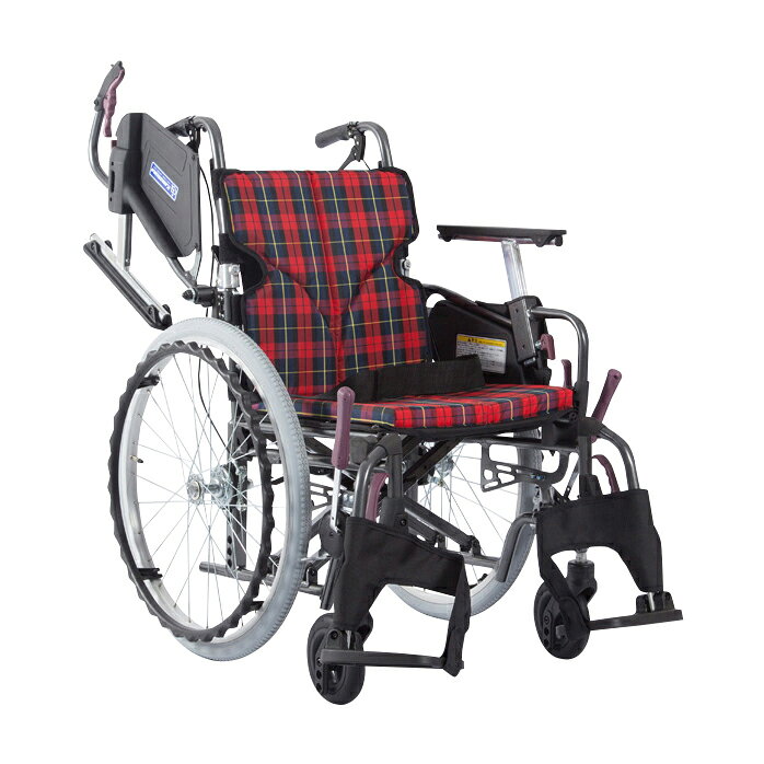 車いす　モダン　Cスタイル モダンシリーズCスタイル 赤チェックA10カワムラサイクルKMD-C22-40-M/SR●左右どちらかの駐車用ブレーキもしくは足踏みブレーキをかけるだけで、両輪にブレーキがかかります。