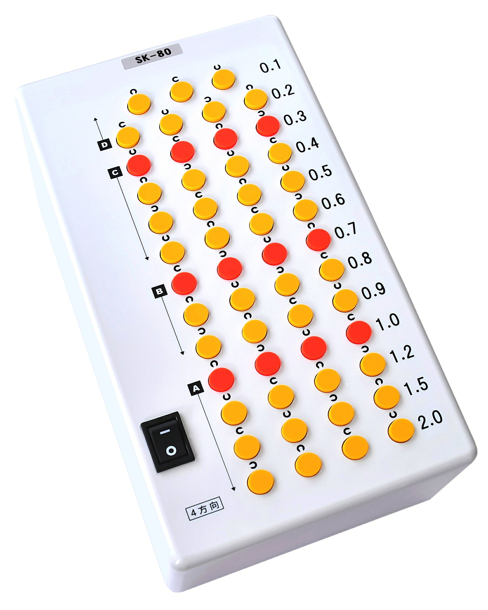●4段階方式の測定を行う場合 0.3 0.7 1.0 の測定ボタン赤色のみを使用します。接続コードは、コネクター式となっており収納時、取扱いが苦になりません。架台に本体を引っ掛ける機構なので、移動やメンテナンスも簡単です。（コード等収納フッ...