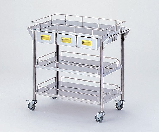 特徴●引出し付きで小物の収納に便利です。●φ75mmキャスターの採用や両面ハンドルの標準装備により、操作性に優れています。●天板及び中棚には共に転落防止用の枠付きです。●引き出し付きで小物の収納に便利です。仕様●材質：ステンレス（SUS30...