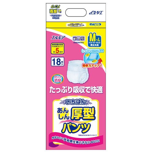 M〜Lサイズ　ウエストサイズ：60〜95cm 1袋（18枚入） はきおろしができるパンツタイプ 目安の吸収量：750cc約5回分（1回の排尿量を150mlとして） 医療費控除対象品SDCケアスマイル介護カタログ 掲載ページ：155Pメーカー...