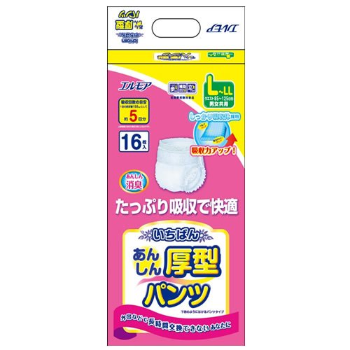 L〜LLサイズ　ウエストサイズ：85〜125cm 1袋（16枚入） はきおろしができるパンツタイプ 目安の吸収量：750cc約5回分（1回の排尿量を150mlとして） 医療費控除対象品SDCケアスマイル介護カタログ 掲載ページ：155Pメー...