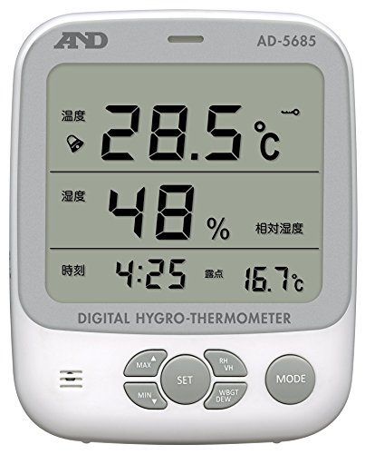 本体ホワイト/-/AD-5685・Style:本体・パッケージ個数:1・原産国:中国・表示項目:熱中症指数(WBGT)/露点(DEW)、相対湿度/乾燥指数(絶対湿度)、温度、時刻・測定項目:温度、相対湿度・熱中症指数の表示範囲:0~60℃(...