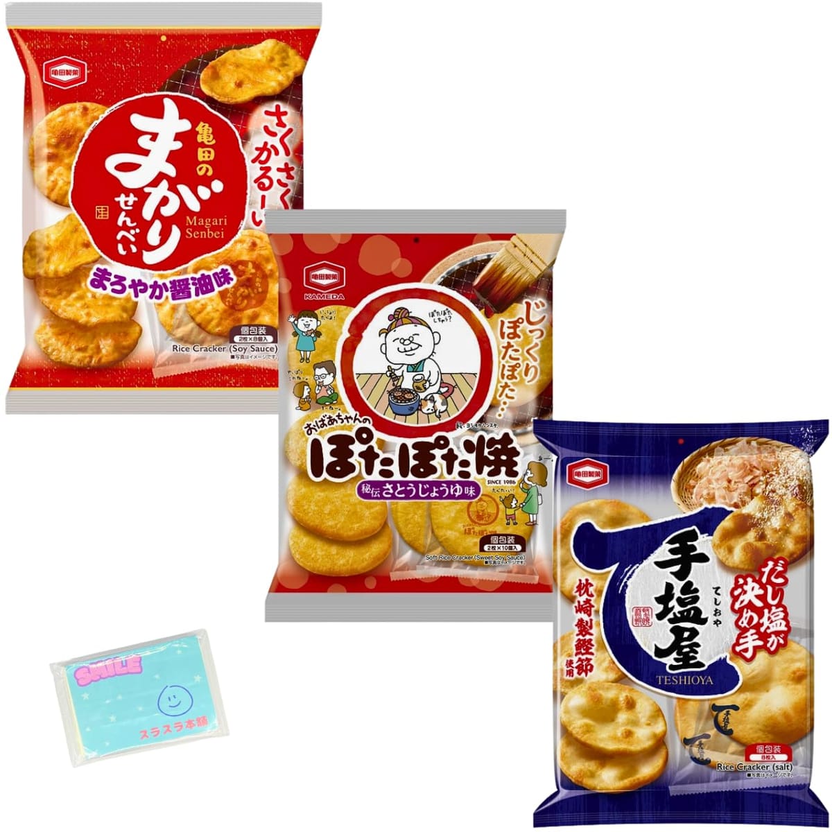 亀田製菓 せんべい 3種類食べ比べセット 【(1)ぽたぽた焼 秘伝さとうじょうゆ味 20枚入 (2)亀田のまがりせんべい まろやか醤油味 16枚入 (3)手塩屋 8枚入 】 各種1袋ずつ 合計3袋セットです。(1)ぽたぽた焼 :秘伝のさとう...