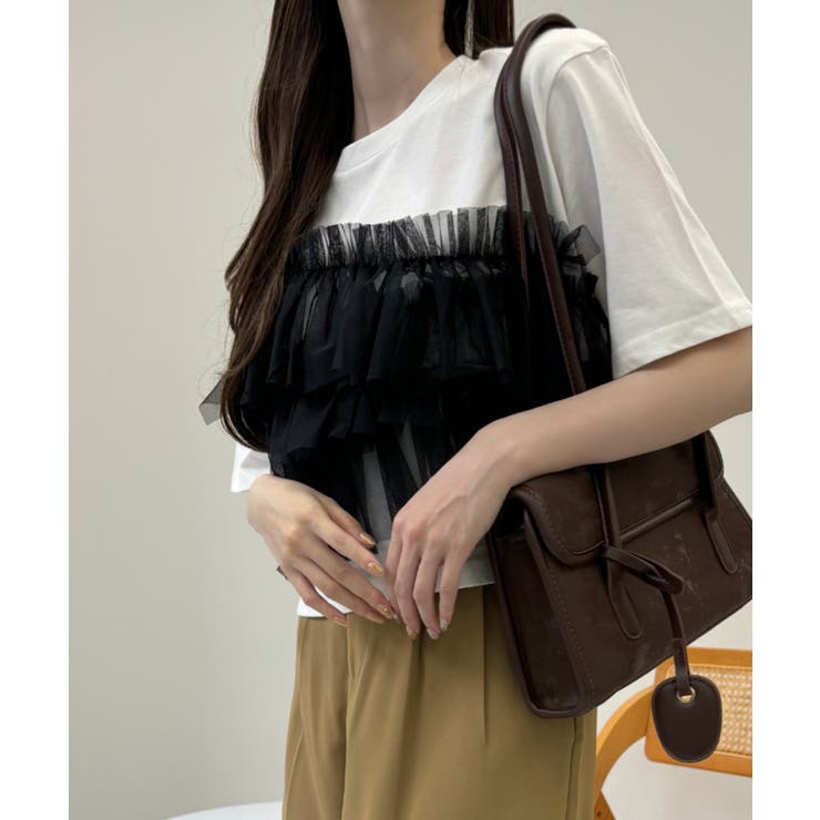 ☆ 2024春夏 新作Item ☆【Eclat one】チュール ティアード フリル ドッキング クロップド Tシャツ■商品の特徴　・ふわっとしたギャザーをたっぷり寄せた、華やかなドッキングTシャツ・Tシャツ生地はコットン100%で肌触りが...