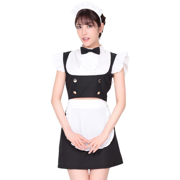 【完璧デザインのセパレートメイド】文句のつけようがないパーフェクトなメイドさんに仕上がりました〜首元のミニブラックタイとフロントの4個の金ボタンでバストラインをよりきれいに魅せます※カチューシャは別売りです。◆ セット内容：ブラウス、エプロ...