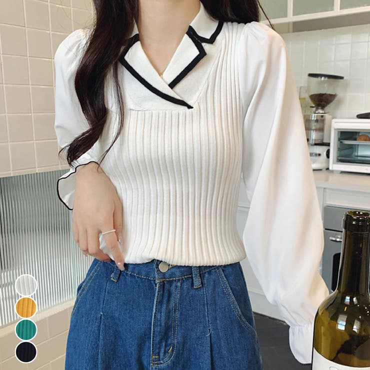 黒 白 黄色 緑 M異素材のキャンディスリーブが、女性らしさを際立たせてくれる切り替えニットトップスです。程良く体にフィットしてくれるシルエットで、きれいにスッキリ見えします。パンツやスカートに幅広く使えて、カジュアルにもきれいめなコーディ...