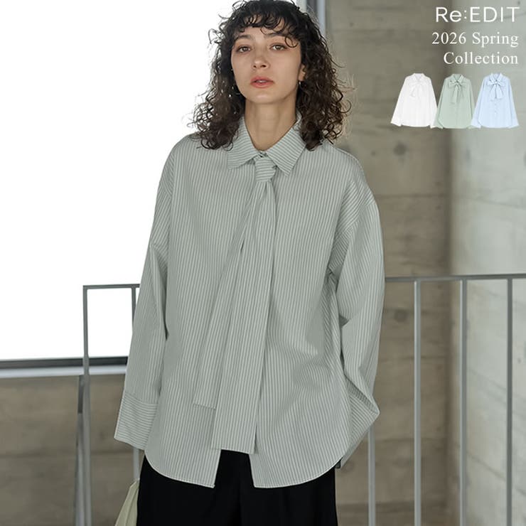 ボウタイで魅せる、旬を纏うマルチシャツ[2026S/S COLLECTION]ボウタイビッグリボンサッカーストライプシャツ▼デザイン装いに旬の華やぎを添える、マルチウェイボウタイシャツ。自由自在にアレンジを楽しめる大きなボウタイがアクセント...