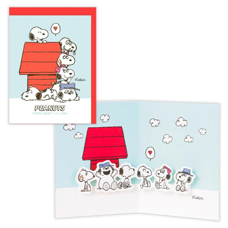 赤い犬小屋にきょうだいたちが集合！かわいい/手紙/プレゼント/ギフト/贈り物PEANUTSの定番モチーフ 赤い犬小屋に、きょうだいたちがずらりと並んだキュートなカード。スヌーピーときょうだいたちが仲良く集まり、ひょっこり顔を覗かせる様子が可...