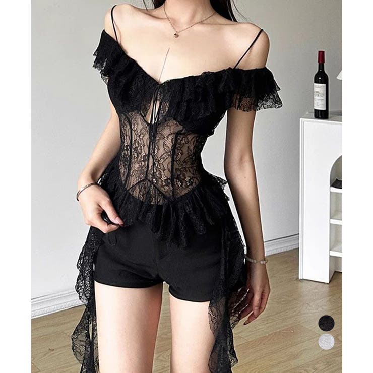 オフショル コルセットキャミ サイドロングフリル 透け感レーストップス セクシーY2Kレイヤード夏服オフショルダー細見え肌見せキャミソール シースルービスチェ 大人可愛いインナーサイドロングフリルが華やかな印象を与える、レースデザインの韓国...