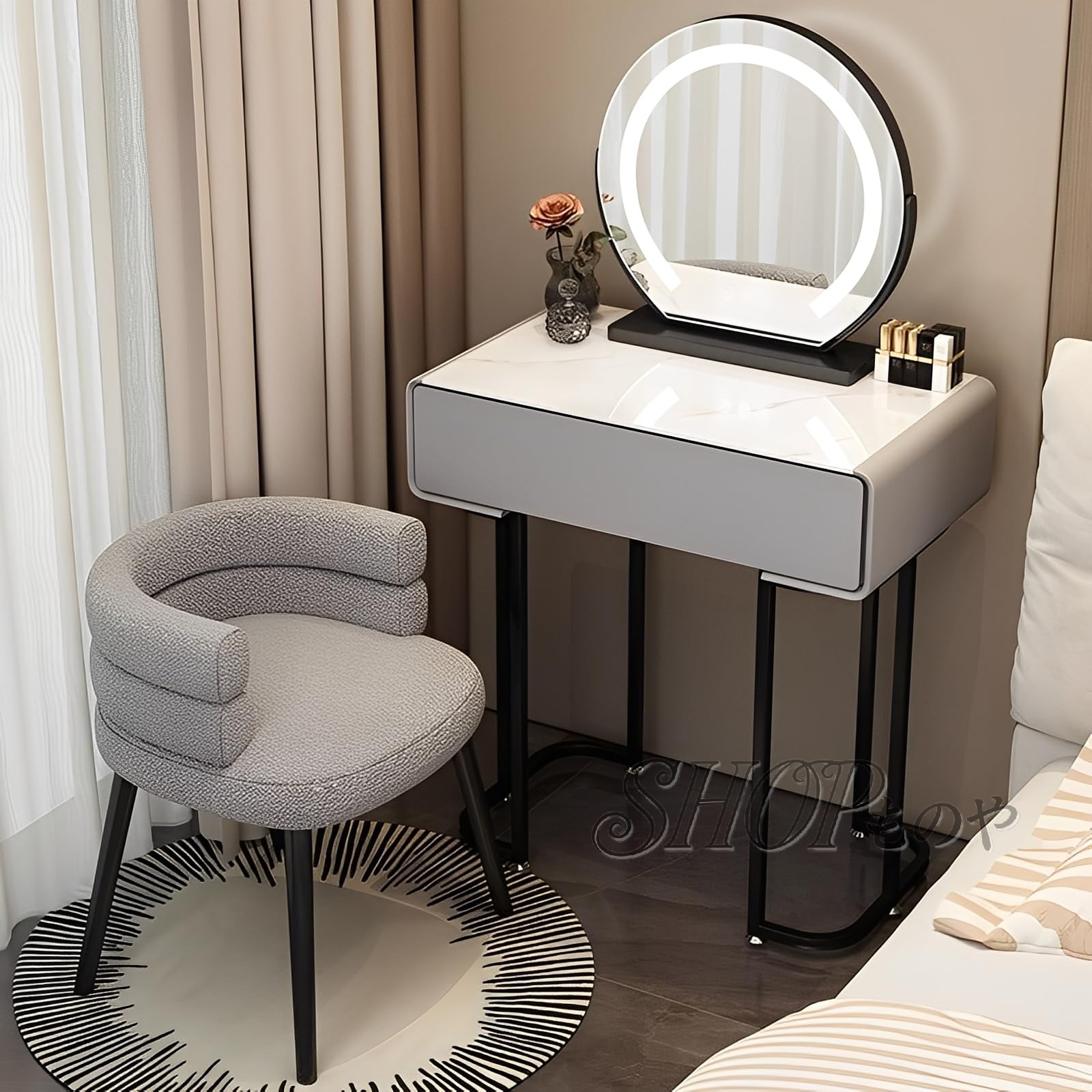 · 天然岩板＆LED三色鏡付きドレッサー 天然岩板の天板で耐久性抜群。LED三色鏡付きで明るさや色温度を自由に調整でき、化粧台鏡台メイク台として朝のメイクや夜のスキンケアも快適です。· 大容量＆多格収納で整理しやすい 多格収納と引き出しで化...