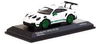 Minichamps 911 (992) GT3 RS ホワイト グリーンストライプとホイール付き 限定版 世界999ピース 1/64 ダイキャストモデル 車 ターマックワークス 643062104 箱入り。 純正ラバータイヤ。 正確なスケ...