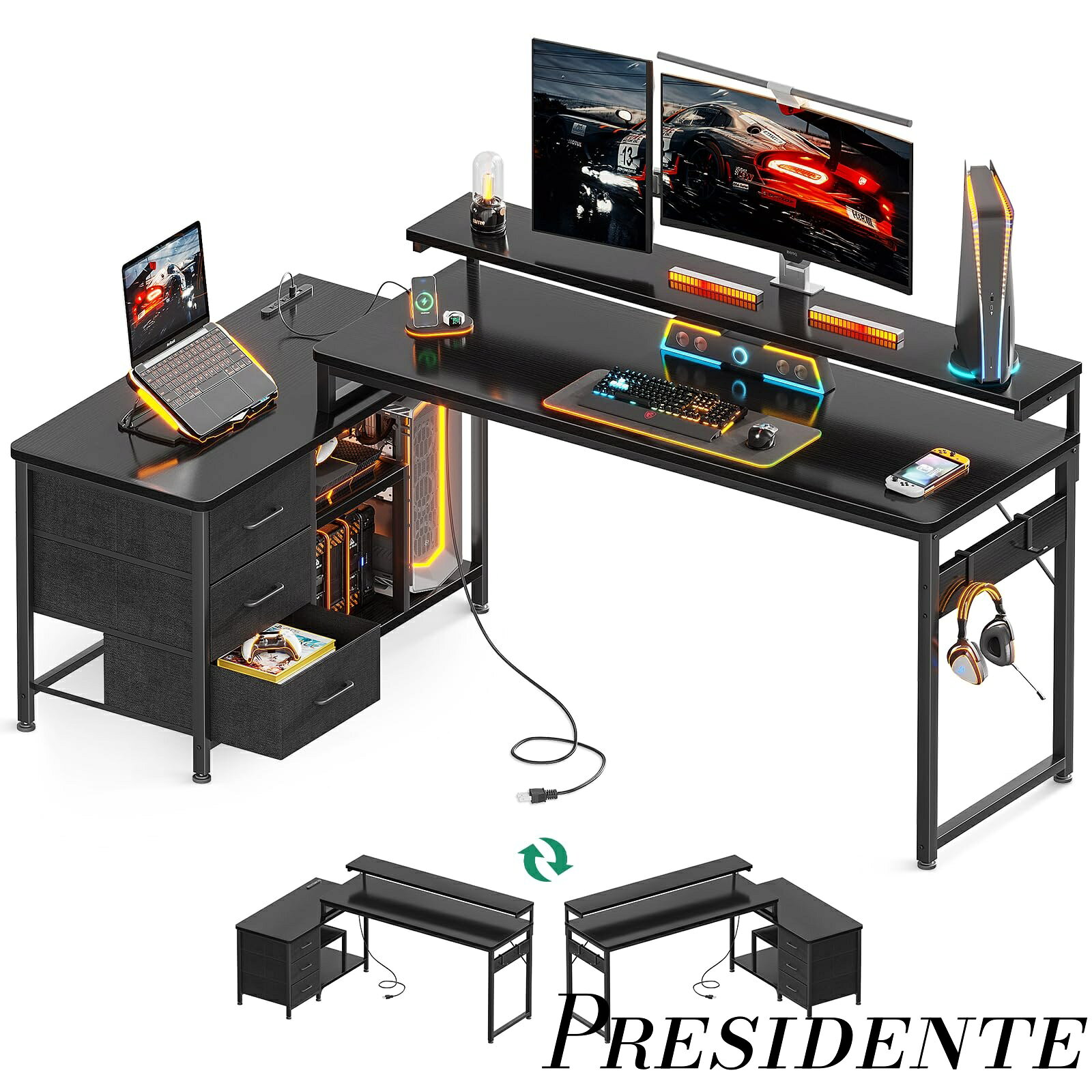 【コンセント付きデスク・ゲームと仕事両立】パソコンデスクとしてはもちろん、ゲーミングデスクとしても使用できるおしゃれなL字デスク。机には、2つのACコンセントとUSB ポート付きで、パソコンやスマホなどの充電ができて超便利です。また、引き出...