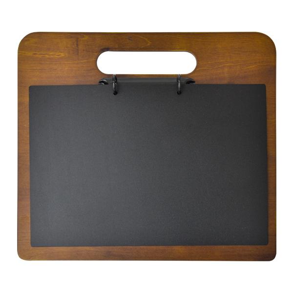 取手の付いた木製メニューボード。2穴のバインダー式なので増ページが簡単■種別／MC-WALA4-CH■サイズ／327×300×26mm■対応中紙サイズ／A4■素材／木製(ウォルナット)、金属■重量／0.3kgメーカー・委託先在庫のため在庫確...