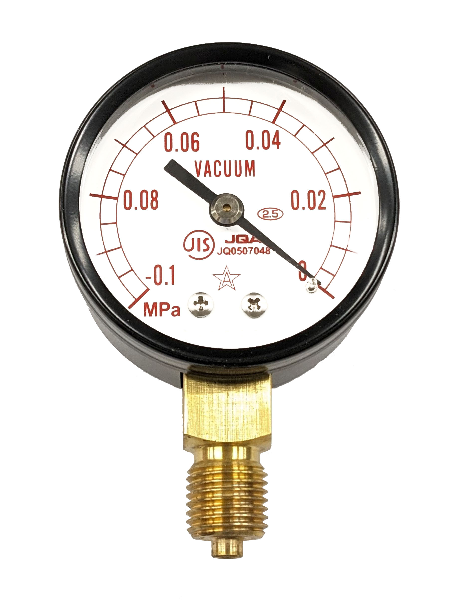 右下精器製造製　スター真空計 小型かつ低価格の真空計です JIS B 7505-1 準拠 大きさ：50mm 接続：G1/4" 範囲：－0.1MPa ～ 0MPa ケース形状：A型（つば無し） ケース：SPC(黒)、接液部：C3604BD(黄...