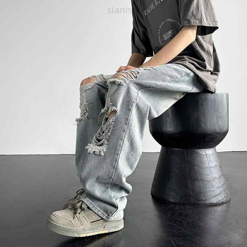 メンズ ダメージ ジーンズ 夏用 薄手 レディースファッション 超目玉商品 A:黒 B:レトロブルー M L XL XXL 3XL