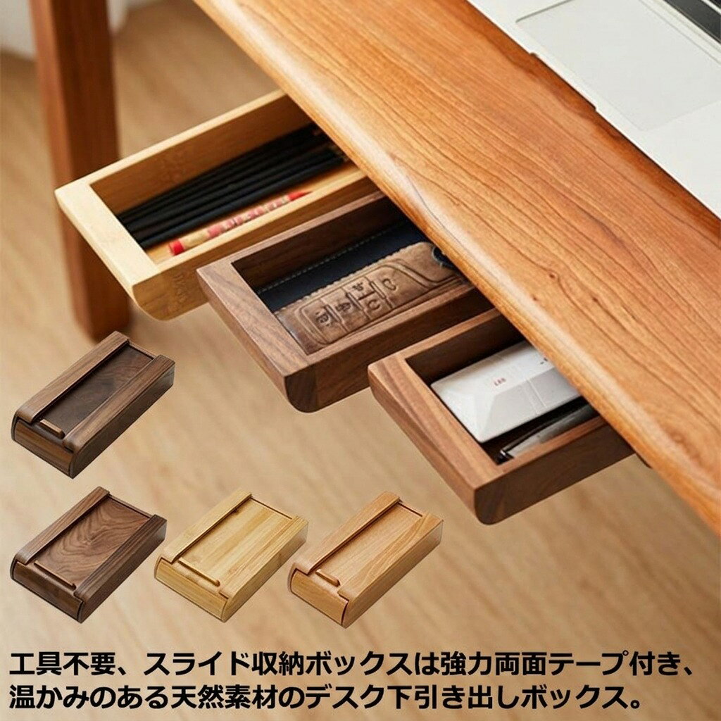 工具不要、スライド収納ボックスは強力両面テープ付き、温かみのある天然素材のデスク下引き出しボックス。高級感のある天然木、家具やインテリアに違和感なく、上品でオシャレなライフスタイル。文房具やリモコン、コンパクトサイズの食器など収納する際に大...