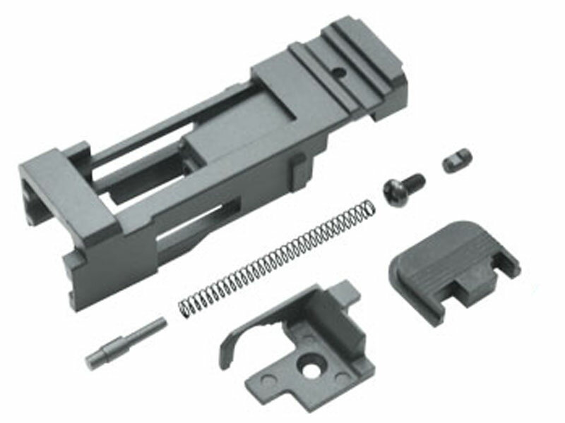 ガーダーの東京マルイのグロック18C専用ライトウェトブリーチです。 アルミ鋳造で18gと純正パーツの約半分の重さです。 スライドカバープレート、セレクターストッパー、シリンダースプリング、シリンダースプリングガイド、ダミーセレクターピンもセ...