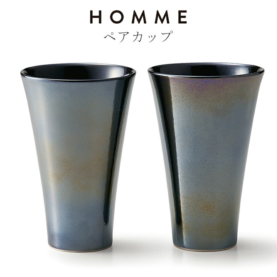 【HOMME ペアカップ】 陶器がメタリックにも見える絶妙な風合いに仕上げたフリーカップです。 ─┘─┘─┘─┘─┘─┘─┘─┘─┘─┘ 【商品詳細】 ■カップ（2）φ8.7×13.5cm（330ml） ■箱サイズ：18.7×14.3×H9...