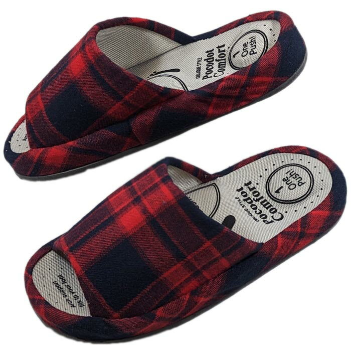 商品名スリッパ ポコット Mサイズ チェック柄 レッドサイズМサイズ（外寸/約25cm） 足サイズの目安　23cm～24cm素材／材質表地/ポリエステル　クッション/EVA　スリッパ底/EVAPoint◇デコボコのインソールが足裏をプッシュ...