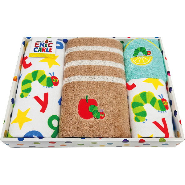 ※image photo 大胆な色使いで大人から子供まで幅広く愛されている絵本「はらぺこあおむし」の、鮮やかな色使いのタオルセットです。 ●コンパクトバスタオル・フェイスタオル・ウォッシュタオル・ループ付きウォッシュタオル各1枚 ●現品（コ...