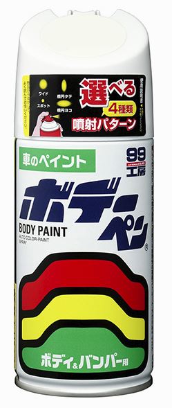 　※image photo ボデーペン T-097 トヨタ 045 ホワイト 焼付塗装に迫る性能を持つ、ストレートアクリル樹脂塗料。 バレー式ボタン採用で、ラクにキレイにスプレーできます。 さらに、ワイド＆スポットとタテ＆ヨコの4パターンス...