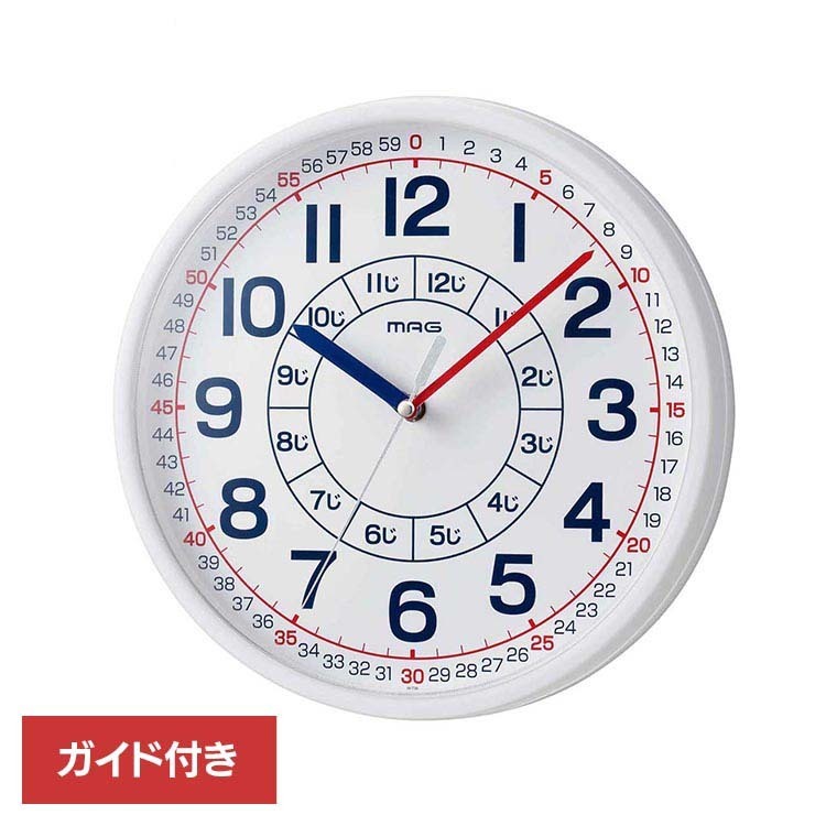 あっという間に時計が読める！知育時計の決定版。通常の掛け時計としても利用しやすい文字盤のカラーリング。教え方ガイド付き。軽くて割れにくいプラスチック前面カバーで安全面に配慮。●商品サイズ（cm）幅約28×奥行約4.9×高さ約28●商品重量約...