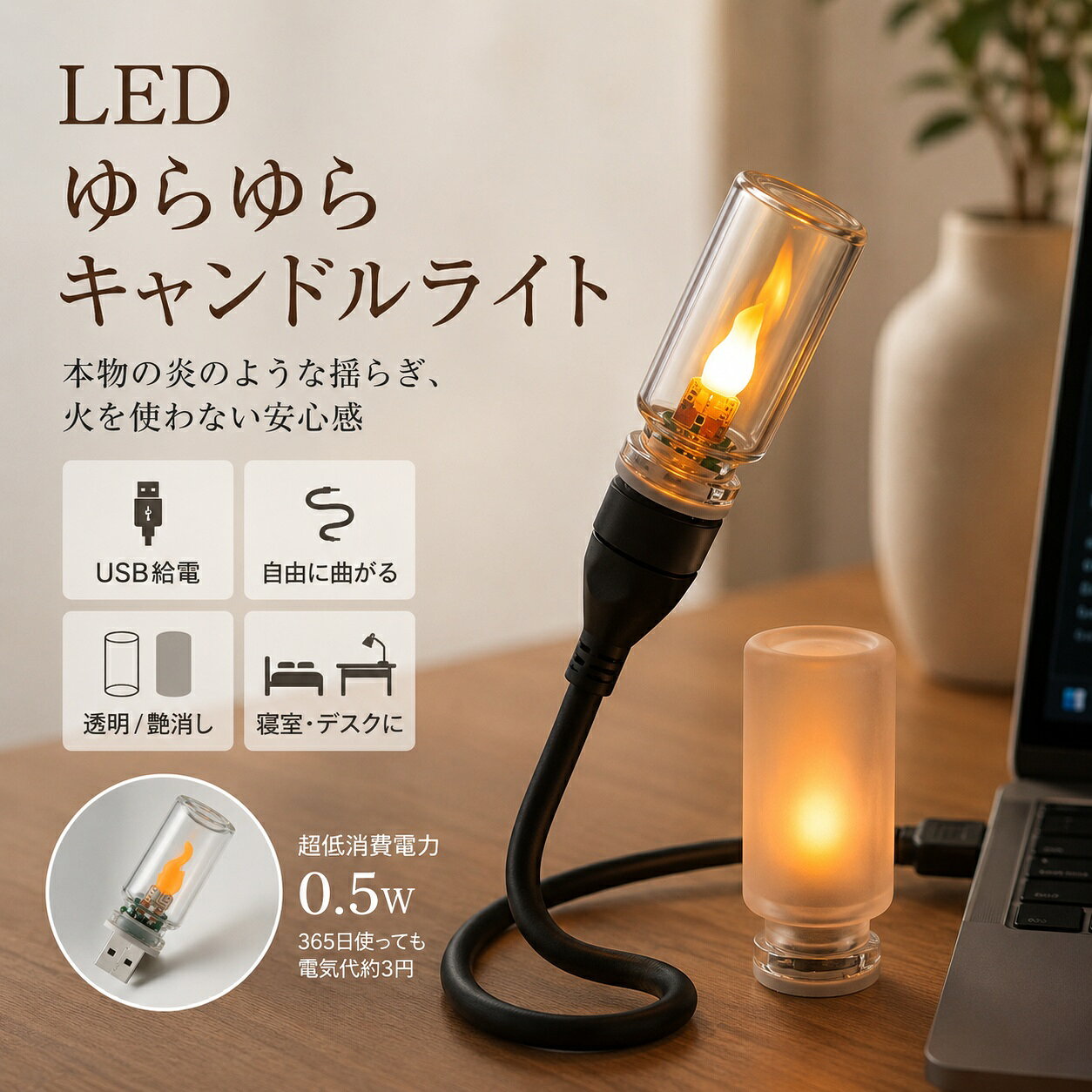 フレキシブルネックの色：ホワイト；ブラックタイプ：透明；艶消し本物の炎のような「揺らぎ」LEDLED が再現する、炎のような自然な揺らぎ。灯りが揺れる様子が、部屋に柔らかく落ち着いた雰囲気を与え、リラックスした時間を演出します。キャンドルの...