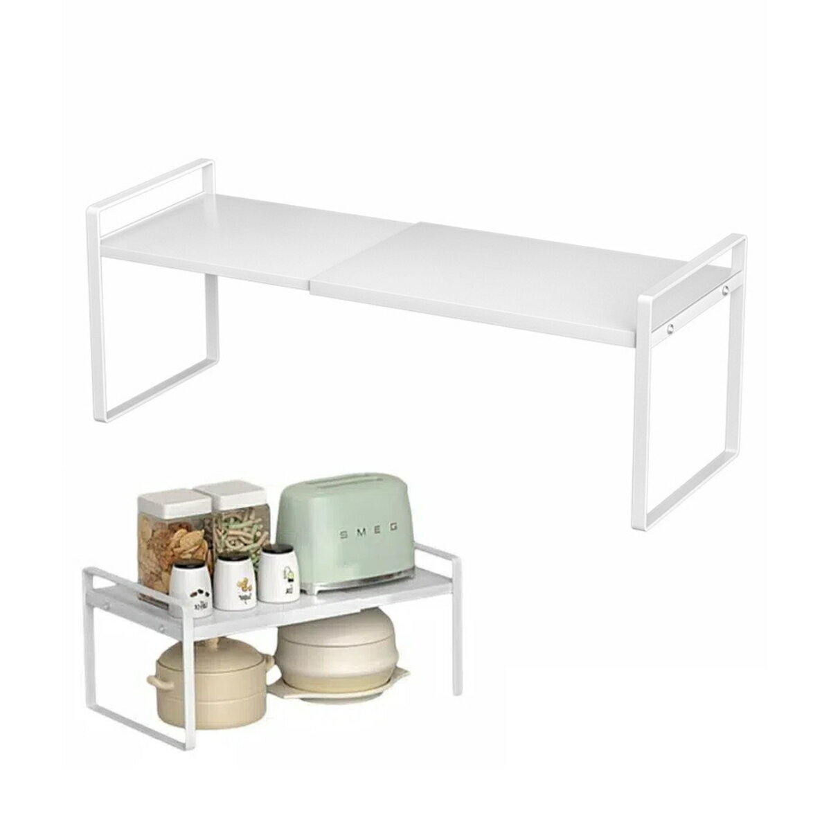 商品情報【商品仕様】（伸縮式）長さ35cm~65cm×奥行22cm×高さ22cm カラー：ホワイト/ブラック 重さ：1.5kg【上質な素材】耐久性に優れた炭素鋼素材を使用し、表面は高品質な焼き付け塗装で二重防錆加工を施しています。錆びにくく...