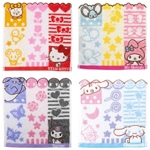 商品情報 商品名 サンリオミニタオル 柄 　　　　ハローキティ・マイメロディ・クロミ・シナモロール 商品サイズ 約25×25cm 素材 本体：綿100％、刺繍糸：ポリエステル100％、アップリケ部分：ポリエステル100％ 生産国 中国 サン...