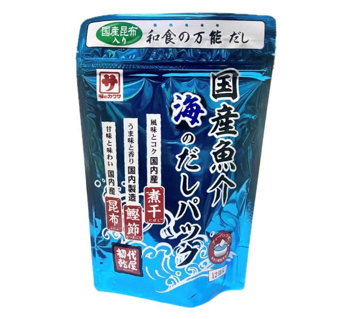 味のカクサ　国産魚介　海のだしパック　青　1袋（7g×12袋入)□風味とコク国産煮干し、うま味と香り国産製造鰹節、甘味と味わい国産昆布の和食万能だしです。□ティーバッグ式なので水から煮出すだけ。■保存方法：直射日光、高温多湿を避けて保存して...