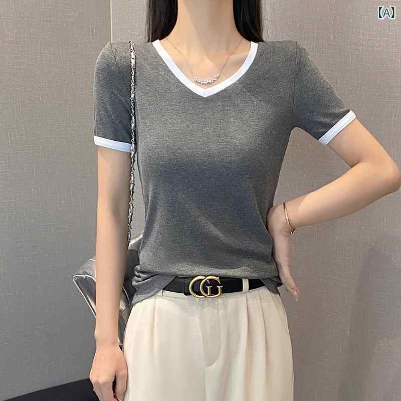 ねじ v ネック 衝突 色 半袖 t シャツ 女性 2025 春 夏新 修身 デザイン 感正 肩低 襟 小 衆 上着 潮パターン: ソリッドカラー袖丈: 半袖商品番号: TQ0002ブランド: アイデアを費やすバージョン: スリムフィット服...