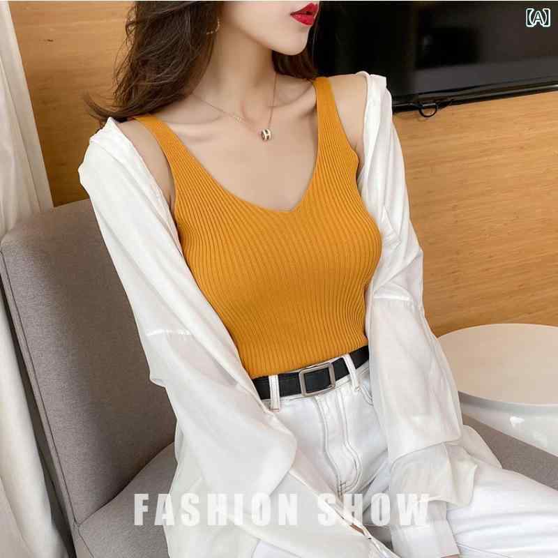 V ネックキャミソールレディース 夏 アイスシルクニット 黒と 白の スリムボトムシャツノースリーブトップアウター商品番号: メーカーからの直接供給、カスタマイズ、国境を越えたカスタマイズブランド: その他スタイル: ストラップ,CITYW...