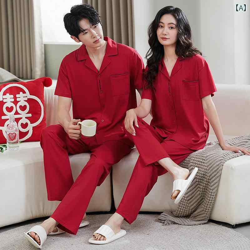 100 % 綿の 赤い 結婚 カップルの パジャマ 夏の 薄い タイプの 男女の 半袖の ズボンの 家の 服の スーツの 大きい サイズは ゆったり して います。製品カテゴリー: スーツ生地名: コットンスタイル: カーディガン,豪華で高...