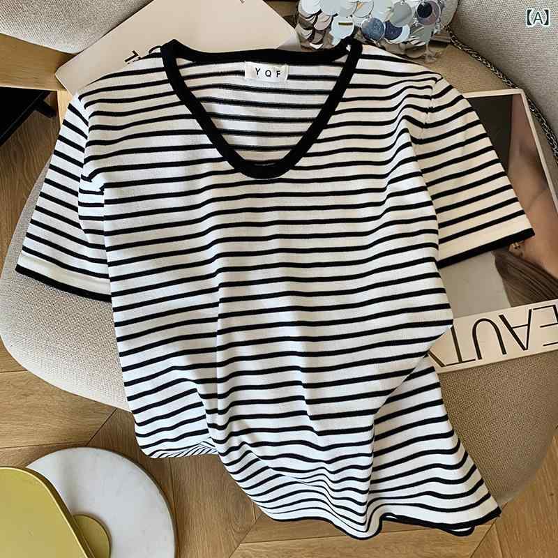リアル ショット 既製 婦人 服 夏の 新しい 韓国 スタイル V ネック ストライプ 半袖 T シャツ 西洋 スタイルアイスシルクセータートップ 女性 用商品番号: 6365生地名: その他組み合わせ形態: 単一のピーススリーブタイプ: ...