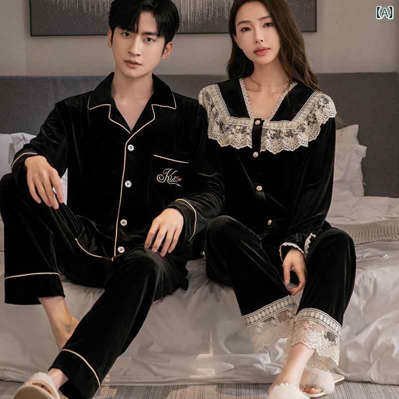 新しい カップルの パジャマ 秋の 冬の 金の ベルベットの カーディガンの カジュアルな スーツの 冬の 薄い タイプの 男女の 高級 感の ある 家の 服製品カテゴリー: スーツ生地名: ゴールドベルベットスタイル: カーディガン,高級...