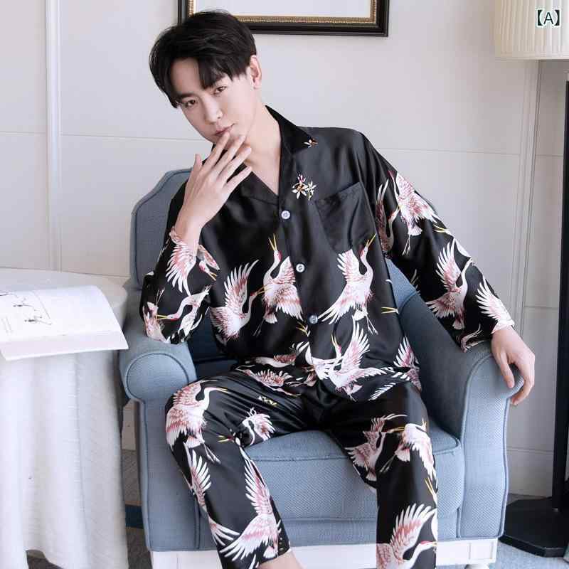 カップルの パジャマの 女性の 夏の セクシーな サスペンダーの スカートの 寝 衣の 家の 服の ツルの 薄い モデルの シミュレーションの シルクの 男性の 長袖の スーツ生地名: シミュレーション糸デザイン: カーディガンメイン生地成...