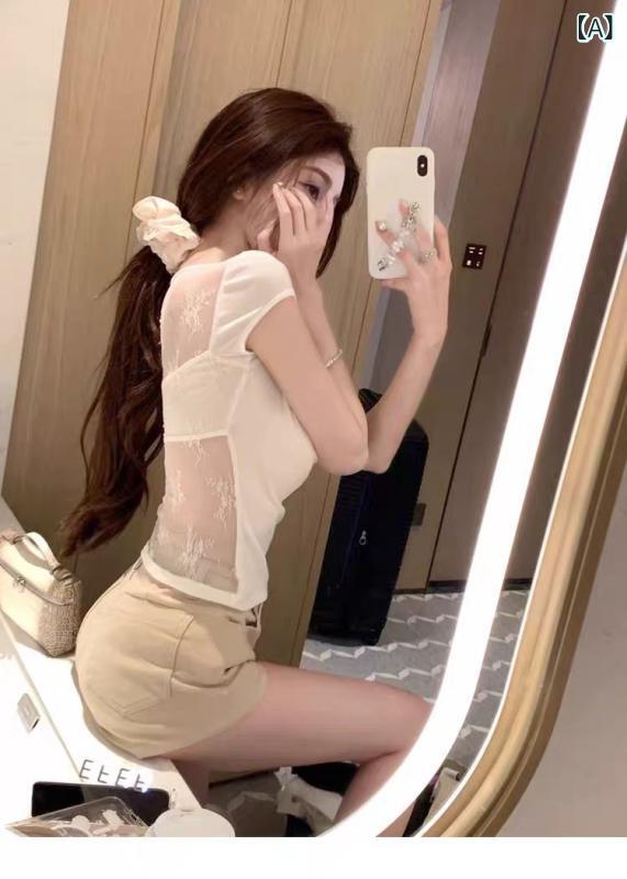 ホットガールセクシーな 美しい 背中 純粋な 欲望 レース ニット 半袖 Tシャツ 女性の 夏の デザインスリムフィットアウタートップ生地名: レーヨン主な生地構成: コットン主な生地構成 2: スパンデックスパターン: ソリッドカラースタ...