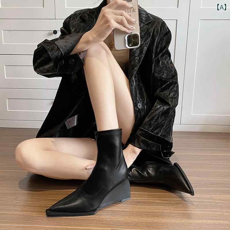 本 革 レトロニッチデザインファッション多 用途 ショートブーツフレンチポインテッドトゥ 8 CM ウェッジヒール 増加 弾性 スリム ブーツ製品カテゴリー: ファッションブーツ対象年齢層: 大人の供給カテゴリー: スポット商品番号: 65...