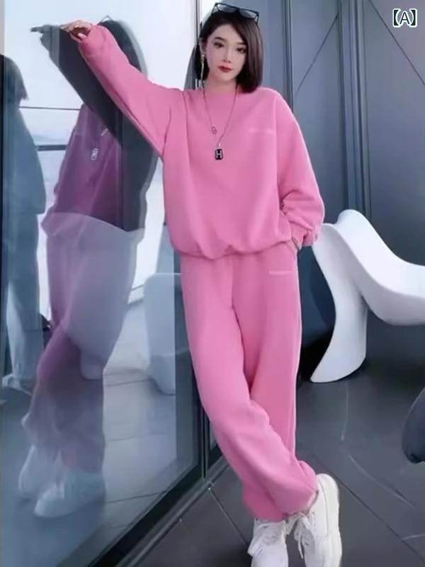 オレンジ 色の ピンクの カジュアルな スポーツ ウェアの スーツの 女性 2024 秋冬の 新しい ベルベットは ファッションの 洋風の 2つの セットを 厚く します商品番号: 8124#パターン: ソリッドカラー人気の要素: ソリッド...