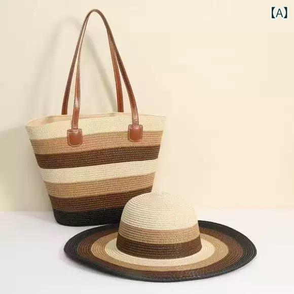 新 商品の片 肩 草 編み バッグ大 容量 カジュアル 百 合 ファッション 女性 休暇 海辺 ビーチ 編み バッグ色: マルチ横縞バッグ＋帽子（カーキ）,マルチ横縞バッグ＋帽子（紺）,小横縞バッグ＋帽子（カーキ）,小横縞バッグ＋帽子（ベー...