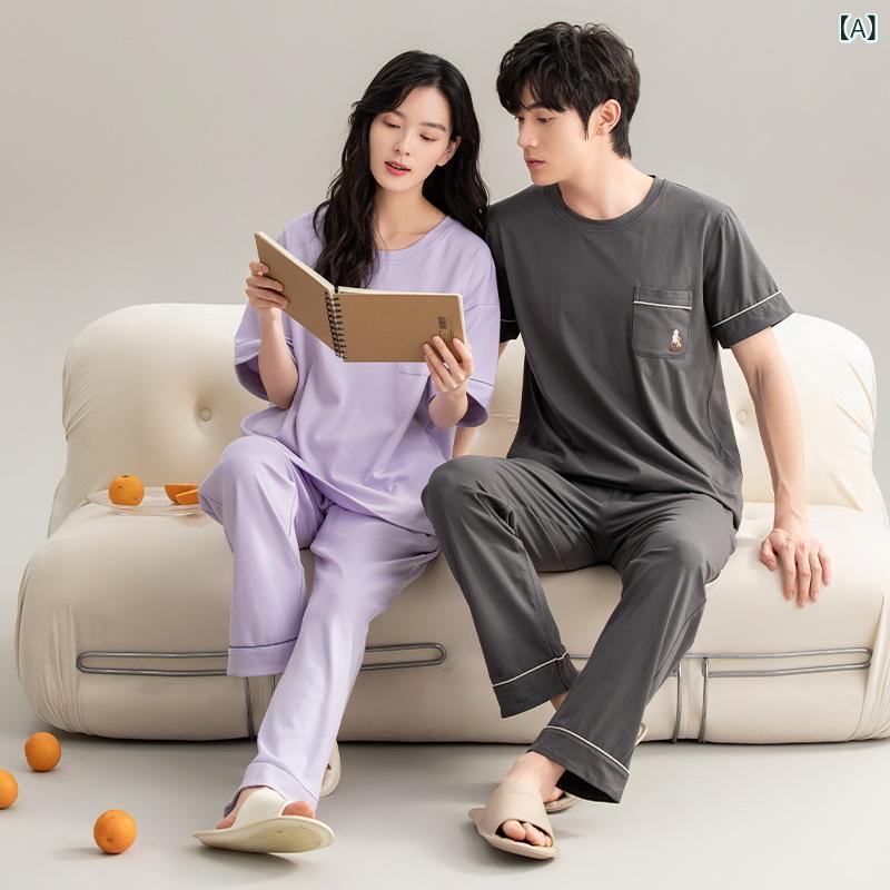 カップル パジャマ 夏 純綿 半袖 長 ズボン シンプルで カジュアルな ファッションは 丸襟 男女 家庭 服 セットを 着る ことが できます。製品カテゴリー: スーツ生地名: コットンスタイル: プルオーバー,シンプルかつカジュアル主な...