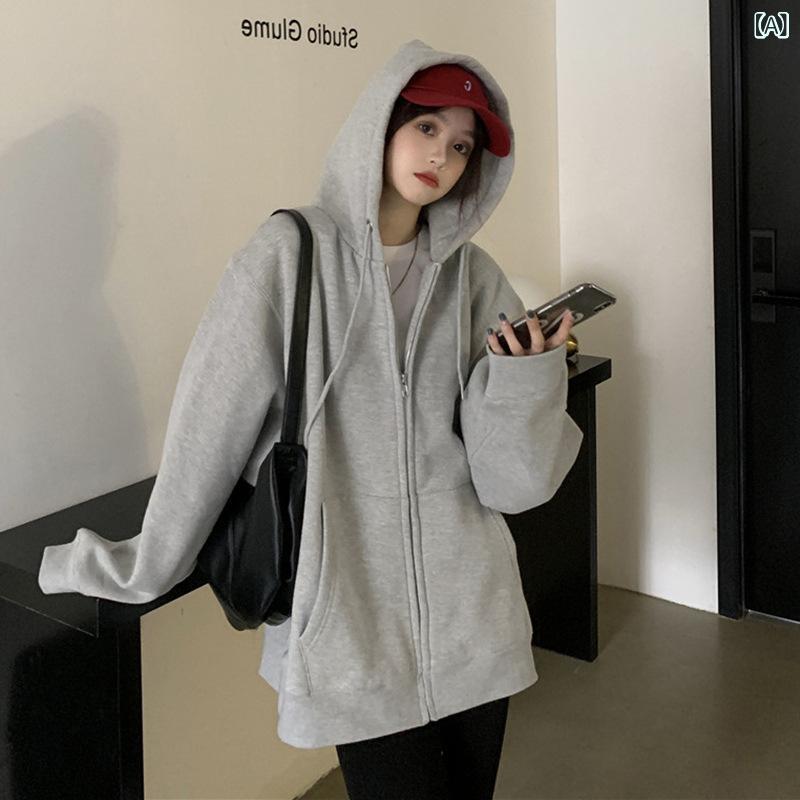 春と 秋の 新型の ゆったり した 韓国 版の oversize 灰色の 帽子 付きの パーカーの ジッパーの コートの 女性 insの 湿った 長袖の 上着貨物番号: カーディガンパターン: 純色デザイン: カーディガンプレートタイプ: ...