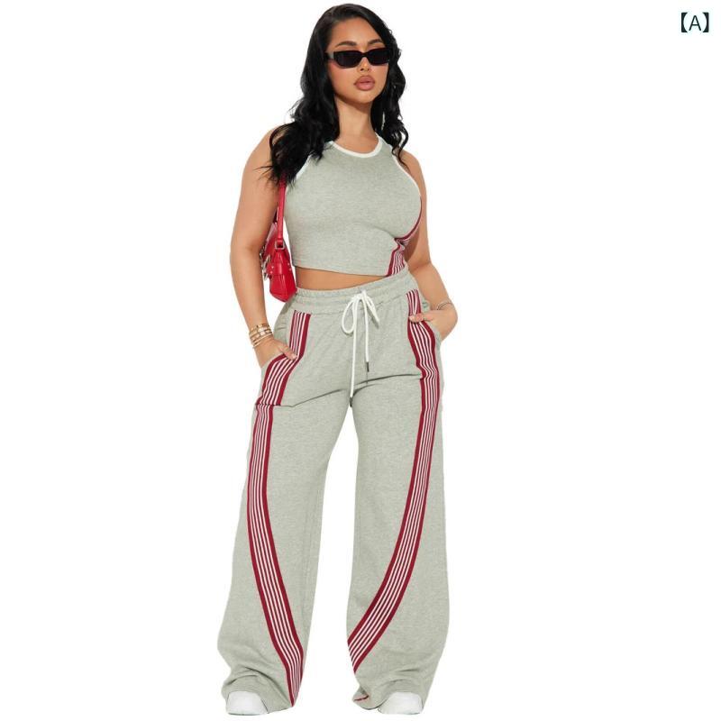 F 6026 欧米の クロス ボーダー 婦人 服 ファッションカジュアルベストと サイド ストライプ スポーツ 風 長 ズボンの 2 点 セット商品番号: F6026パターン: 説明を参照人気の要素: ストライプ,ソリッドカラー職人技: コ...