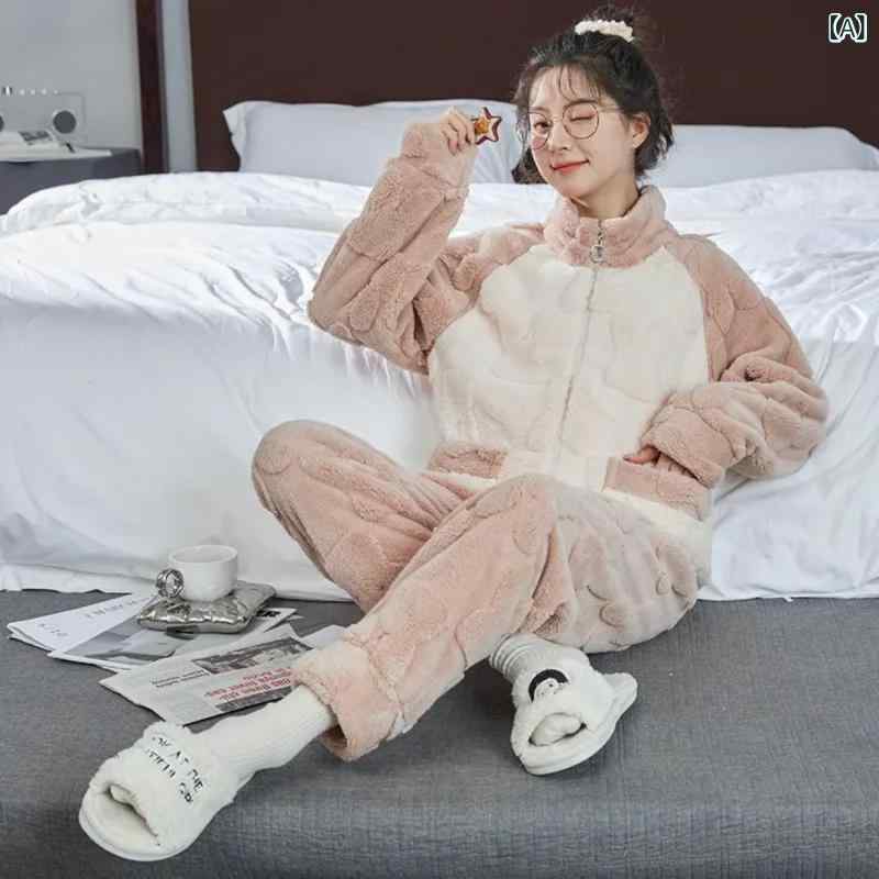 パジャマを 着る ことが できる 女性 男性 秋冬 フランネル 厚手 立 襟 フード 付き ジッパーサンゴベルベット 家庭 服 セット製品カテゴリー: スーツ生地名: コーラルベルベットスタイル: カーディガン,シンプルかつカジュアル主な生...