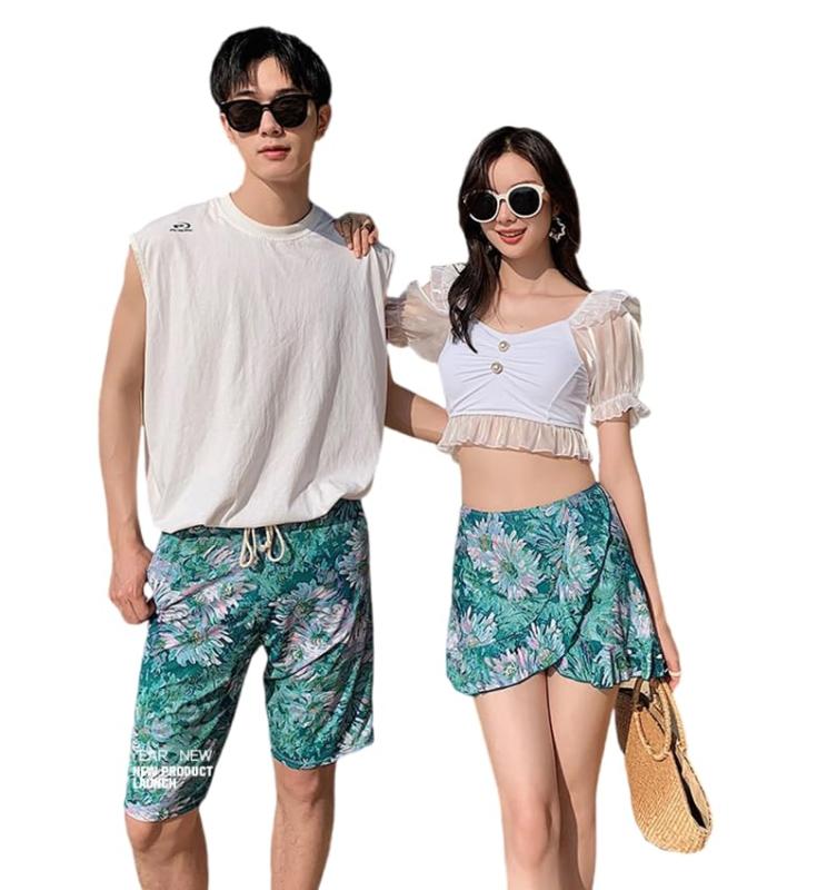 ペア 水着 カップル 水着 お揃い レディース 水着 タンキニ 半袖 スカート セパレート 露出控え 体型カバー メンズ サーフパンツ ビーチパンツ ビーチウェア 海外旅行 新婚旅行 お祝い SISI107【商品内容】女子2点セット（単品の...